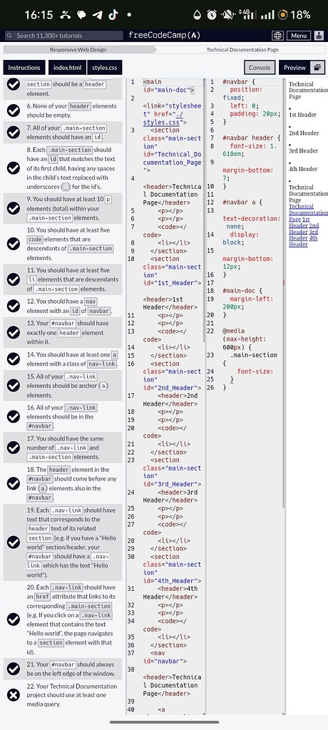 My media query isn't going though in build a technical documentation page - HTML-CSS - The ...