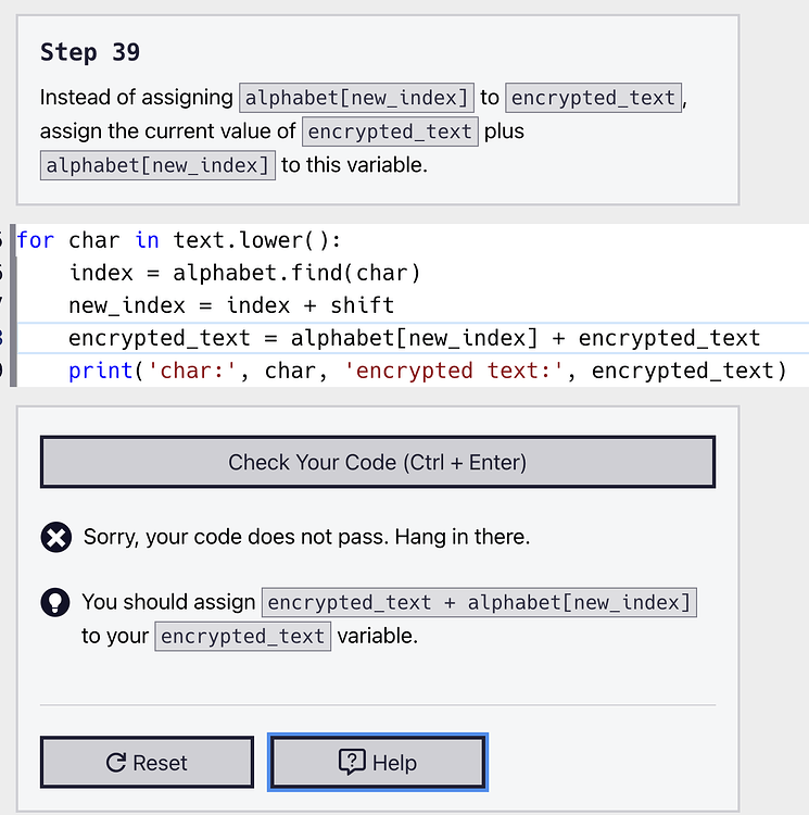Learn String Manipulation by Building a Cipher - Step 36 - Python - The freeCodeCamp Forum