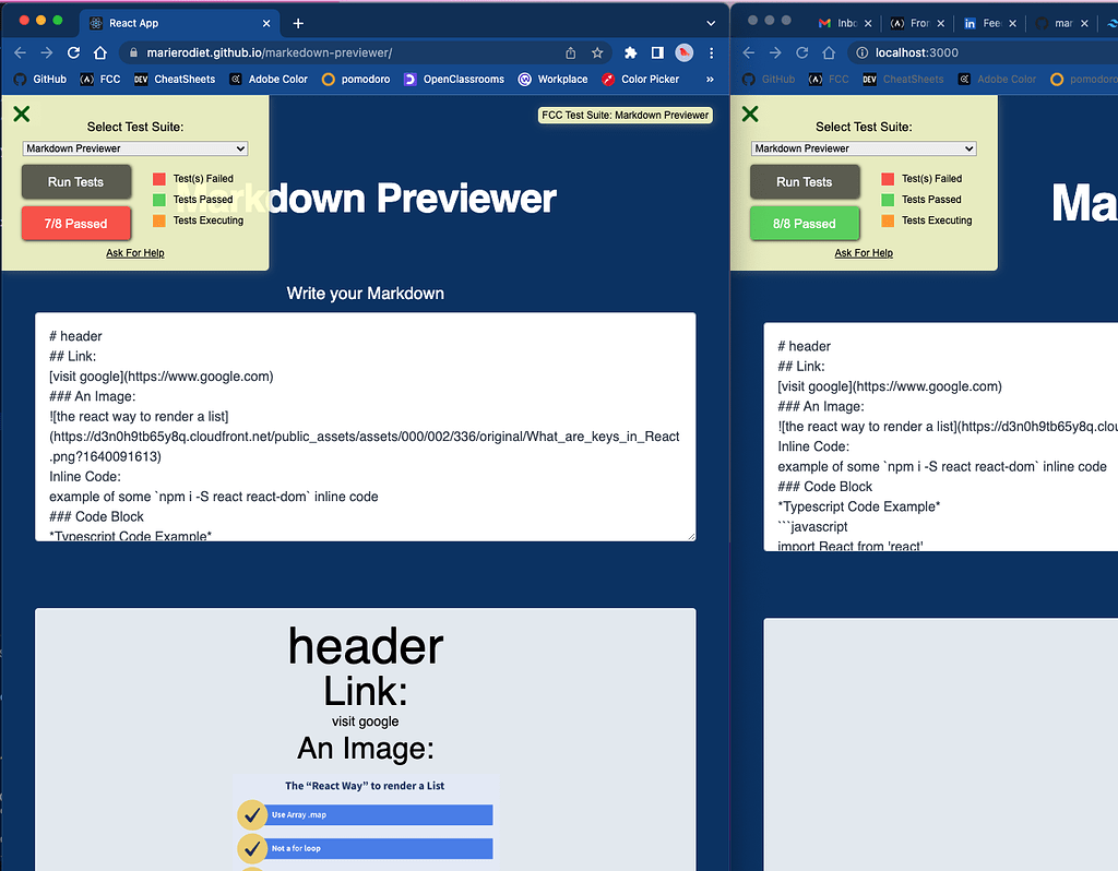Markdown previewer 6 fails when deploy, works locally on my machine ... Markdown previewer 6 fails when deploy, works locally on my machine ...
