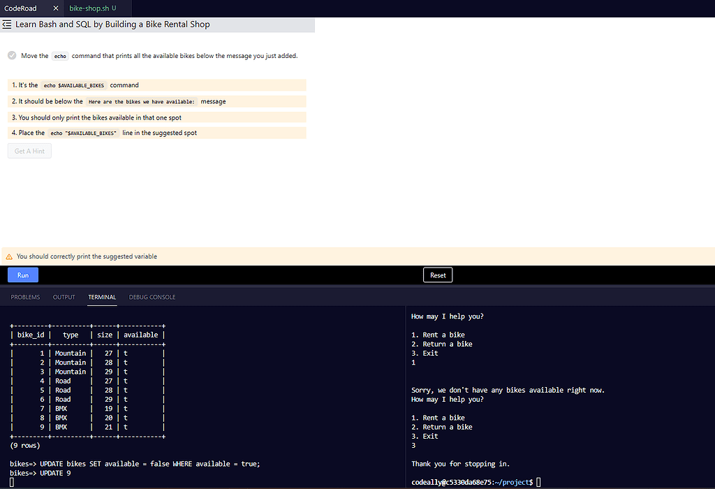 Unable to make progress on Learn Bash and SQL by Building a Bike Rental Shop - Backend ...