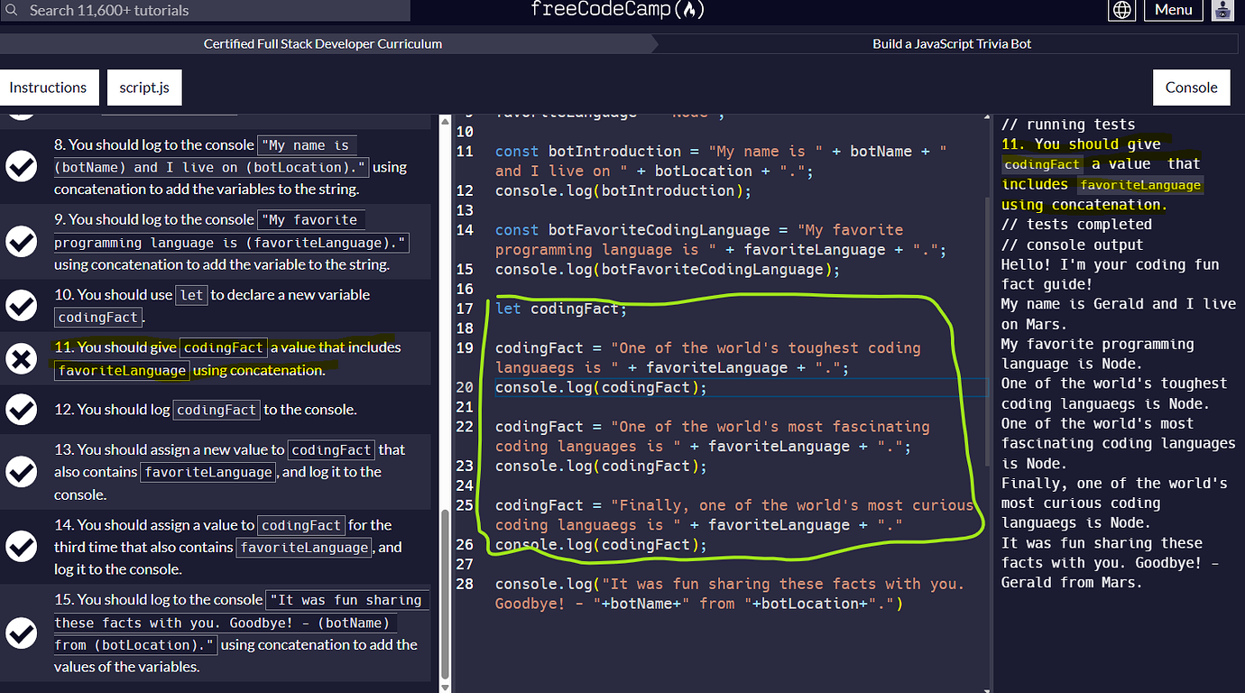 Build A Javascript Trivia Bot Test 11 Not Going Through Javascript The Freecodecamp Forum