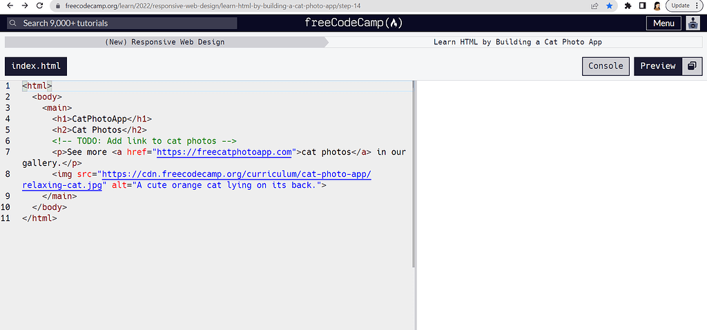 Learn HTML by Building a Cat Photo App - Step 14 the page does not load ...