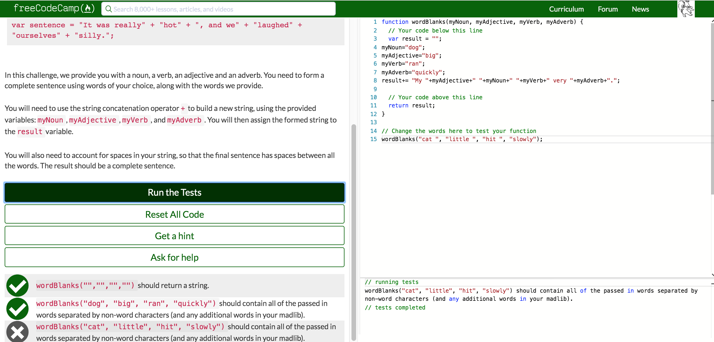 Word Blanks- change words here "cat" etc fail? - JavaScript - The ...