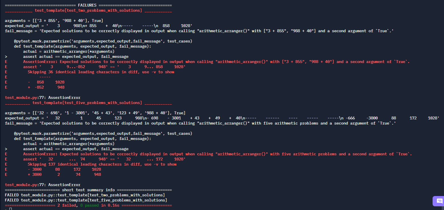 Arithmetic Arranger Can T Tell Why I M Not Passing Python The Freecodecamp Forum