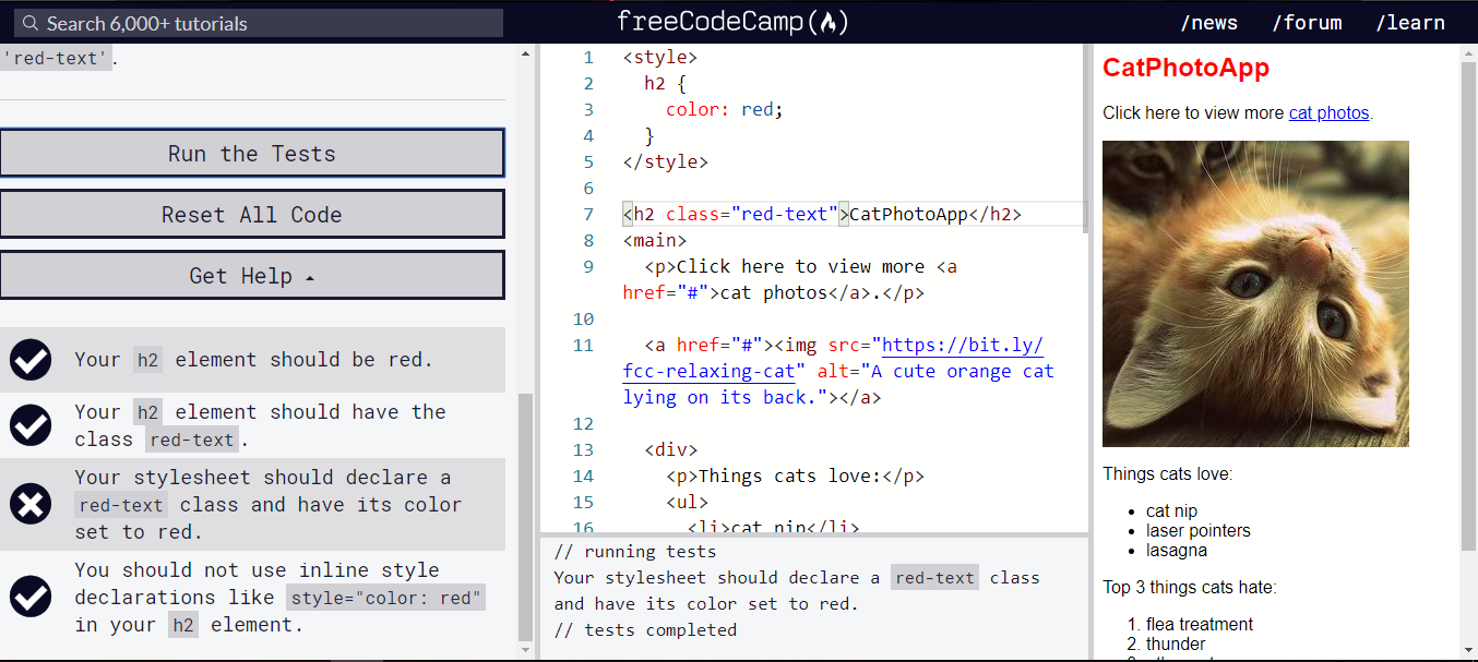Inside your style element, change the h2 selector to .red-text and update the color's value from ...