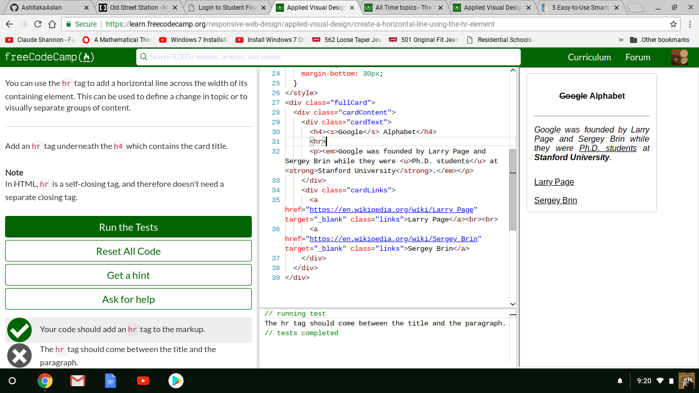 Help Applied Visual Design Create A Horizontal Line Using The Hr Element The Freecodecamp 