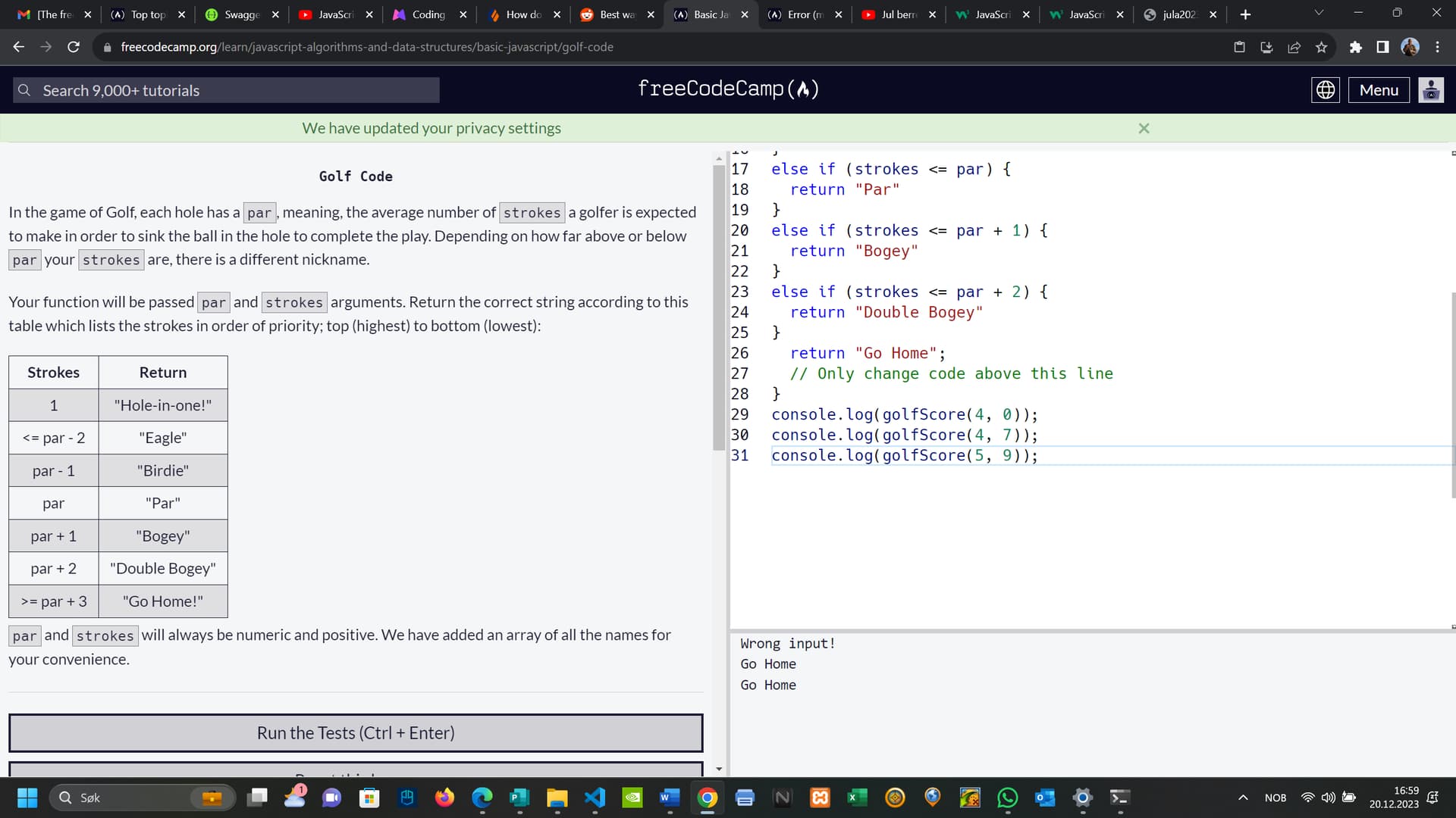 Error (minor) in "Golf code" tutorial - JavaScript - The freeCodeCamp Forum