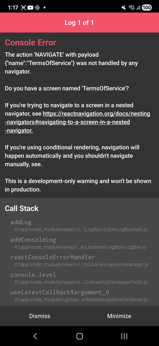 React Navigation error: "was not handled by any navigator" for one ...