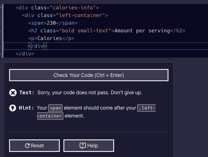 Step 33 Wont Pass Either Ways After Left Container Or Calories Html Css The Freecodecamp Forum