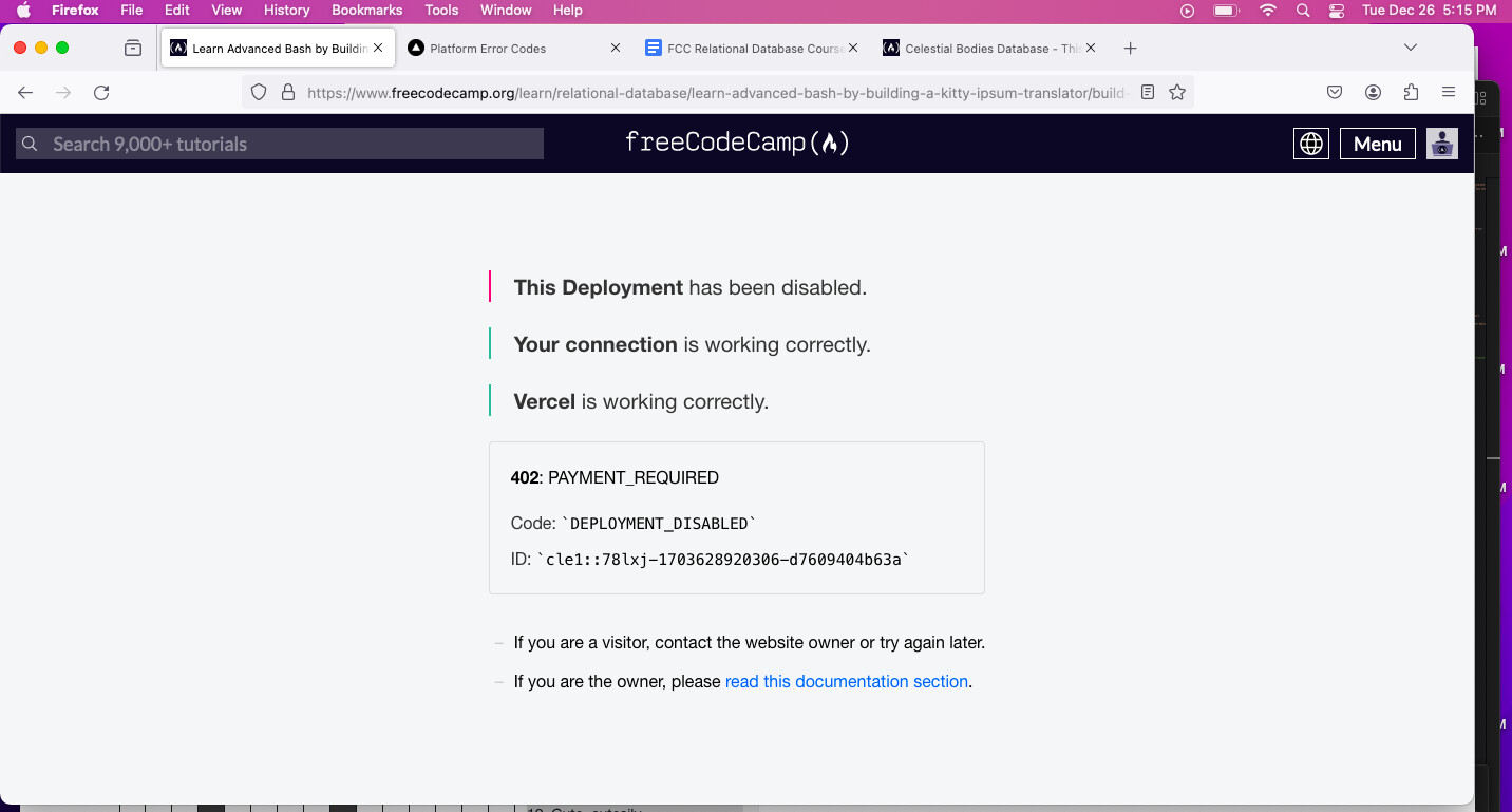 Celestial Bodies Database - This Deployment has been disabled 402 Payment Required - Backend ...