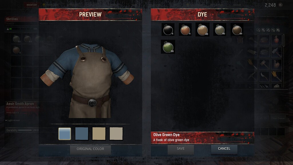 Aesir Blacksmith Set From Bazzar - Apron dyeable color pallet is bugged - can't dye correctly ...