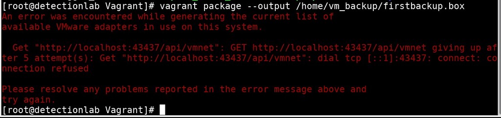 An error encountered while generating current list of available vmware adapters in use on system ...