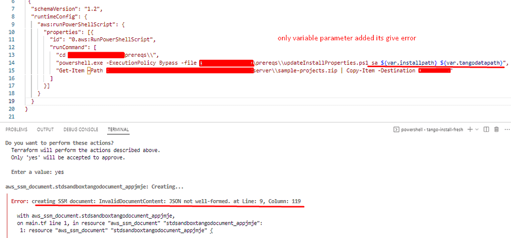 Terraform pass variable as powershell parameter give error creating SSM ... Terraform pass variable as powershell parameter give error creating SSM ...