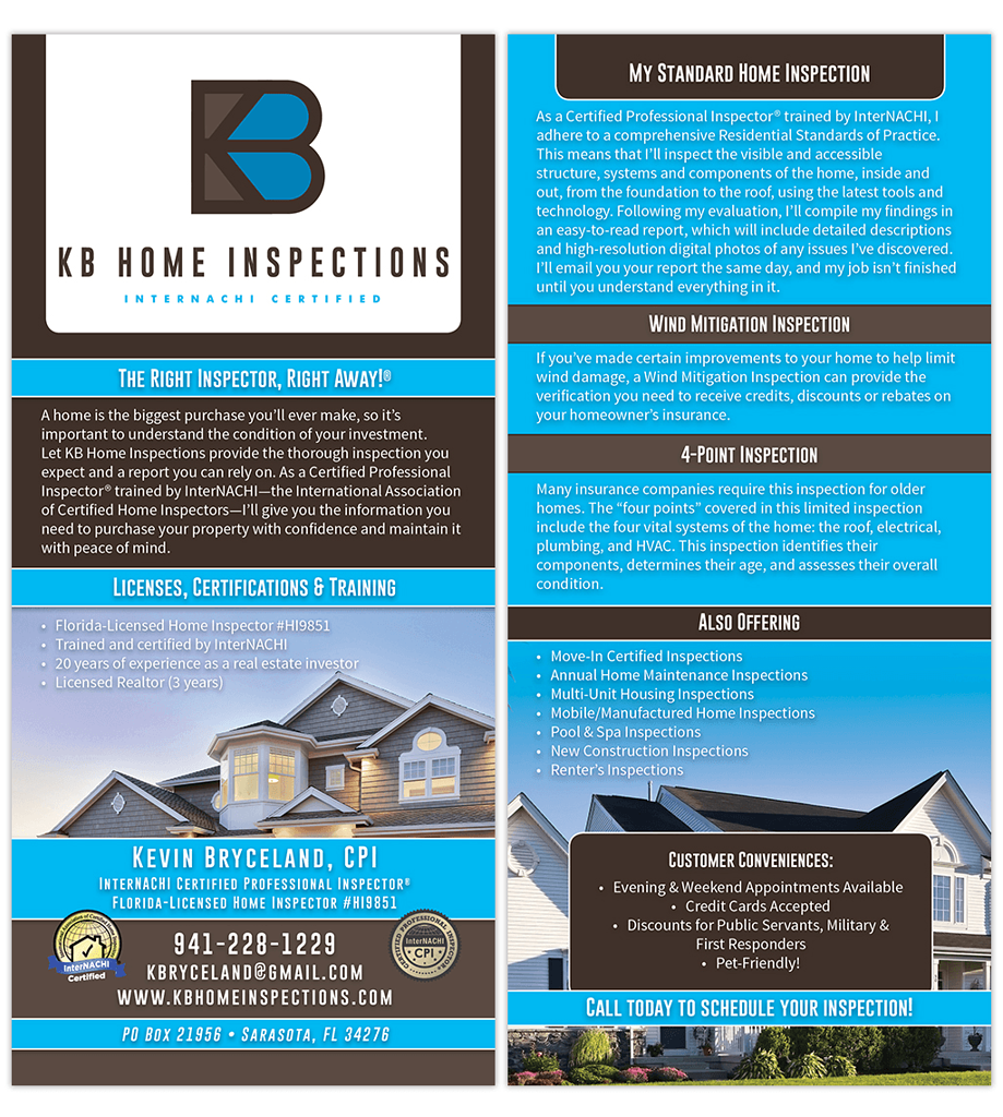 new FREE rack card and business card designs for KB Home Inspections ...