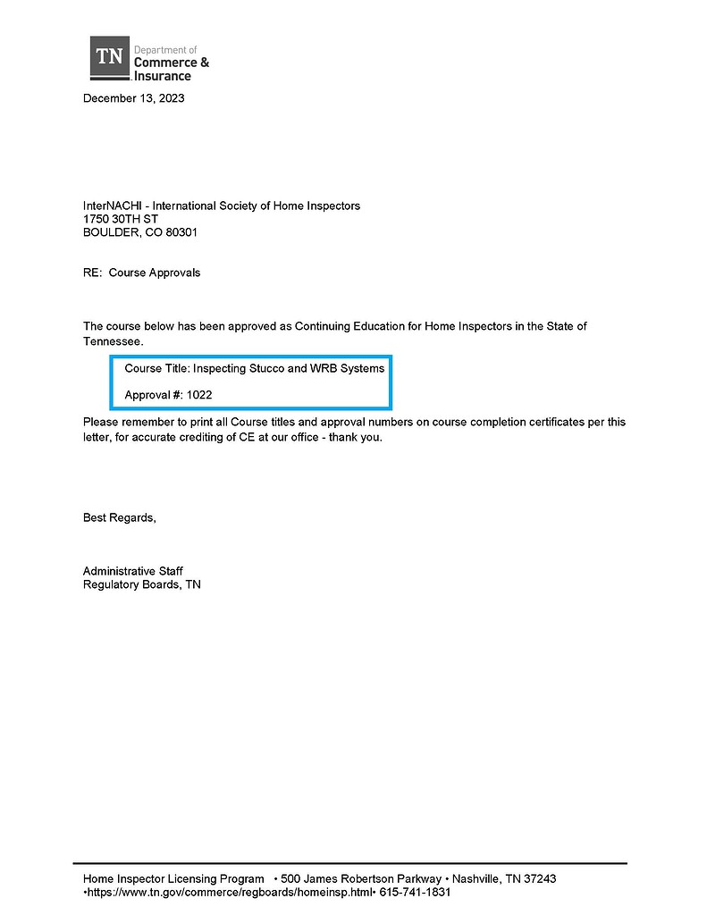 Tennessee Department of Commerce and Insurance Approves the Inspecting ...
