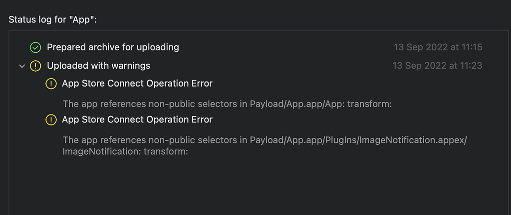 App Store Connect - Xcode v. 14.0 - upload warning (Ionic 6 / Capacitor 4) - The app references ...