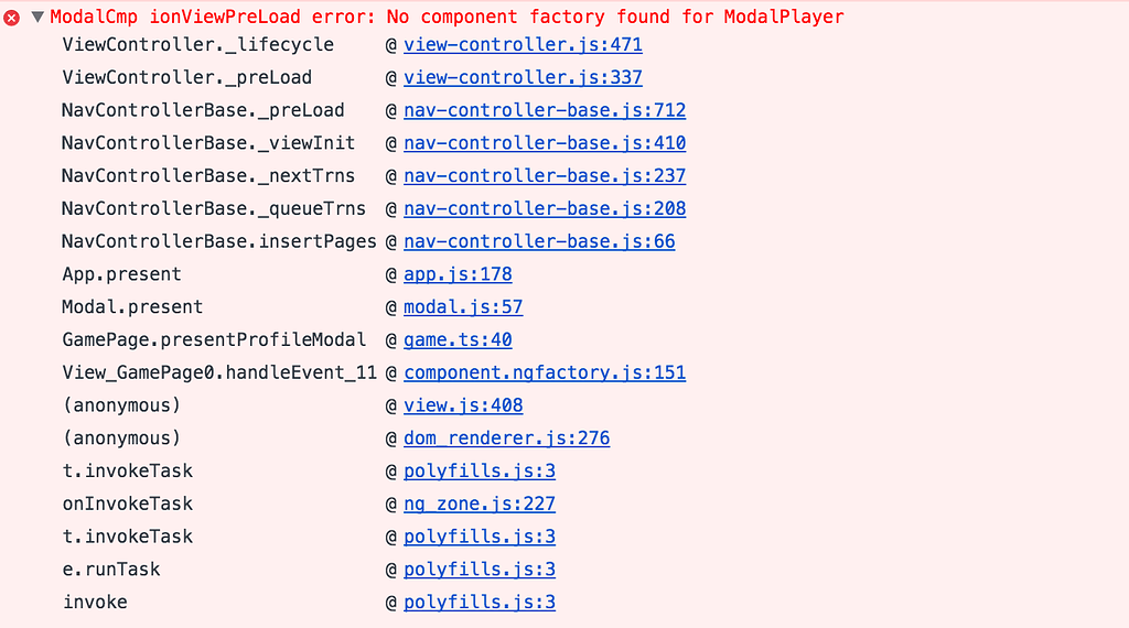 ModalController - ModalCmp ionViewPreLoad error: No component factory found for component ...