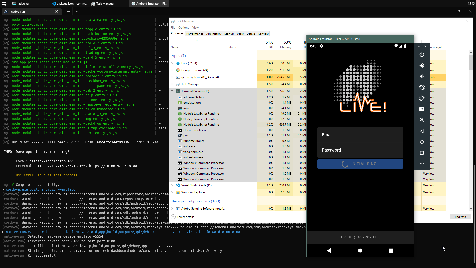 First emulator run always fails, second sometimes fails, and then it runs.. maybe - Ionic ...