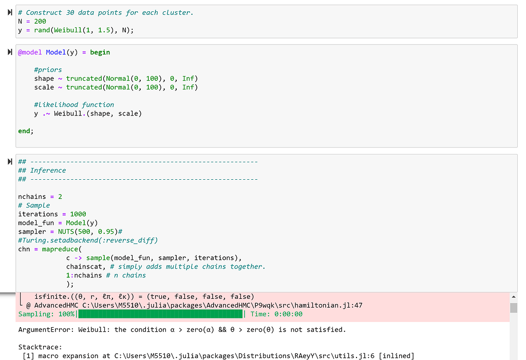 Turing fitting a Weibull model - General Usage - Julia Programming Language