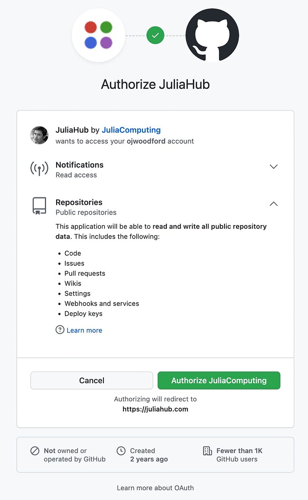JuliaHub asking for write access to my GitHub repos - New to Julia - Julia Programming Language