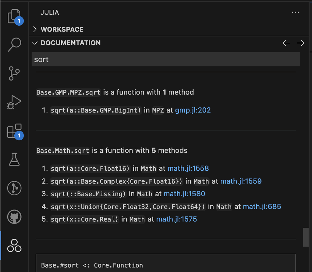 Documentation returns some unusual entries - VS Code - Julia Programming Language