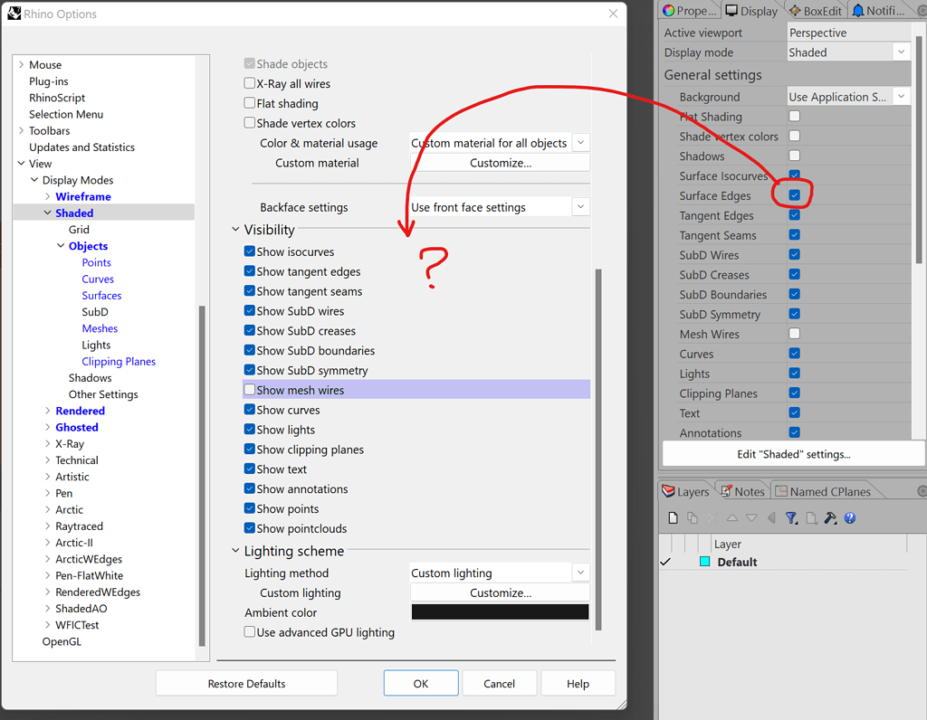 Where is the setting (Options>DisplayMode) for show/hide surface edges ...