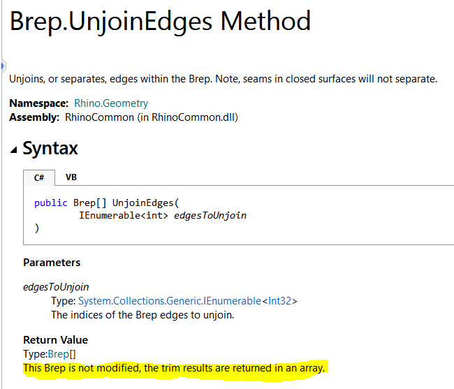 Brep.UnjoinEdges - clarification? - Scripting - McNeel Forum