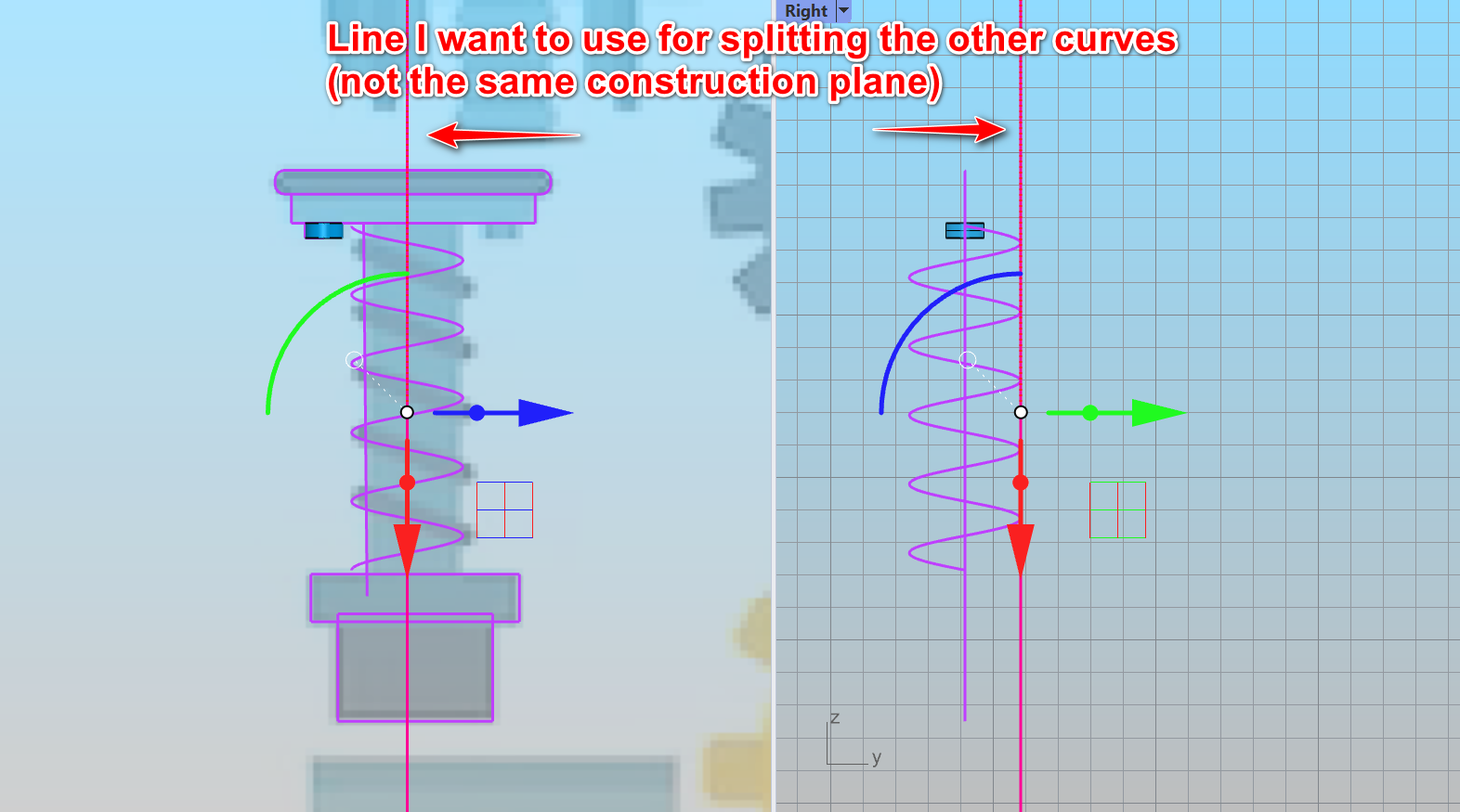 Split Curves with Line/Curve Ortho Views (Right, Top etc.) - Rhino ...