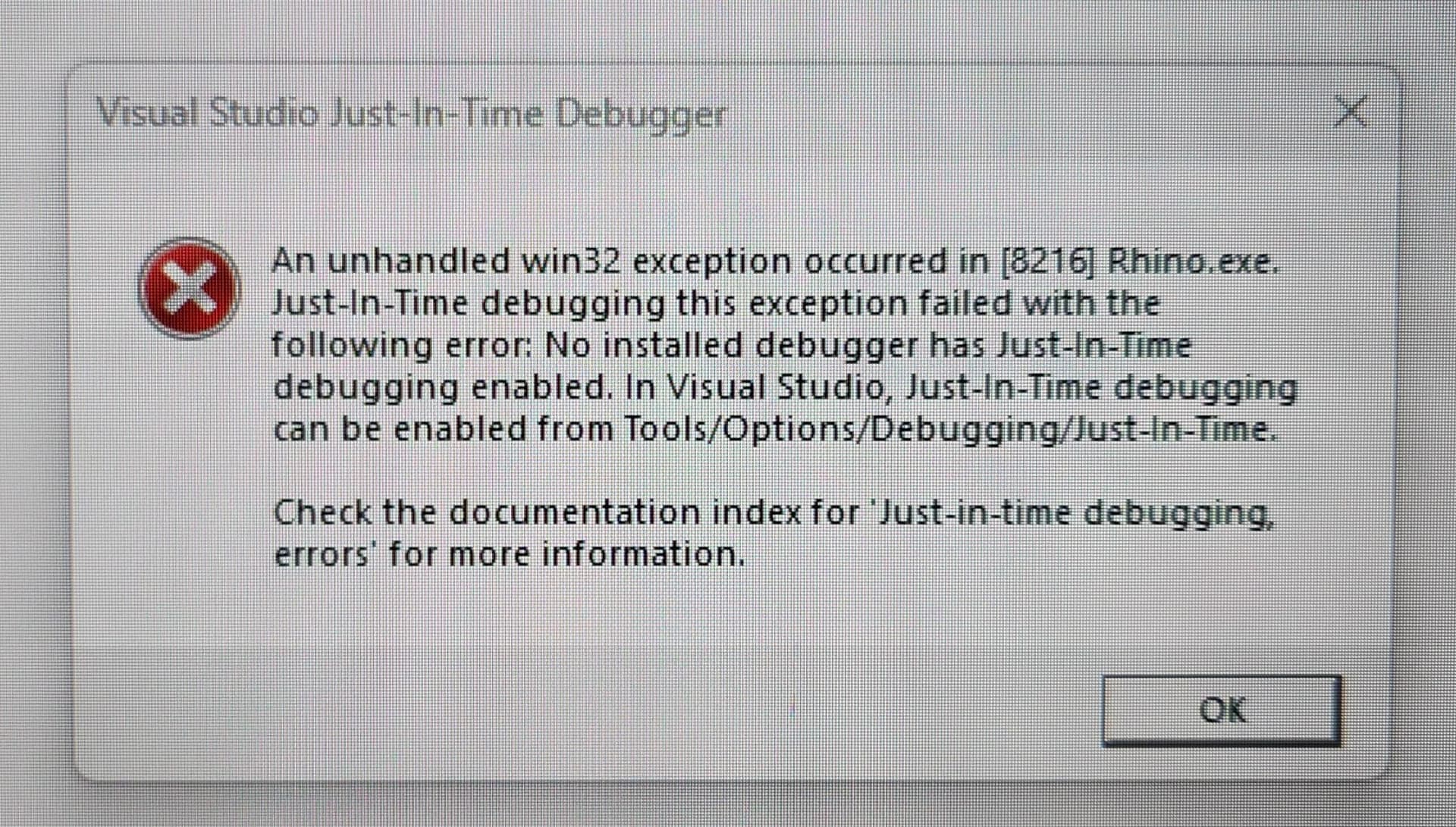 Crash "unhandled win32 exception occured in [8216] rhino.exe" - Rendering - McNeel Forum