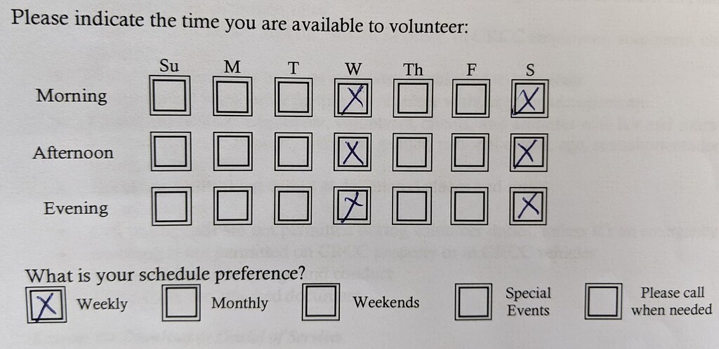 A checkbox grid for reporting days of the week and timeframes for each ...