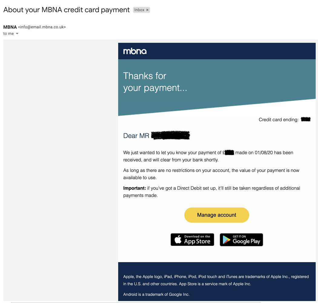 White list MBNA's payment Sort code and account number - Bug Reports ...