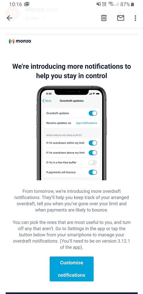 New - Overdraft Notifications 🔔 - Monzo Chat - Monzo Community