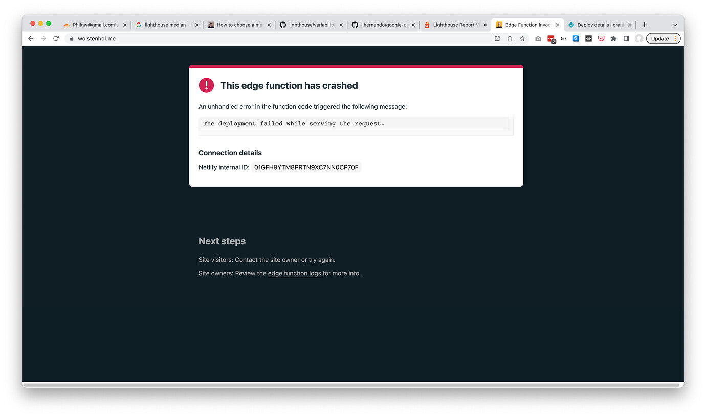 Edge function 'The deployment failed while serving the request' when visiting site after a ...