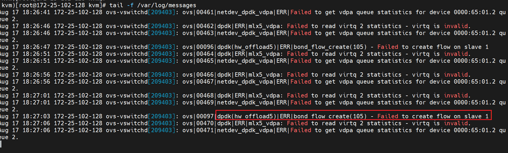 I configured vDPA and dpdk bonding (active-backup mode) on ConnectX-6 Dx, slave 0 is normal, but ...