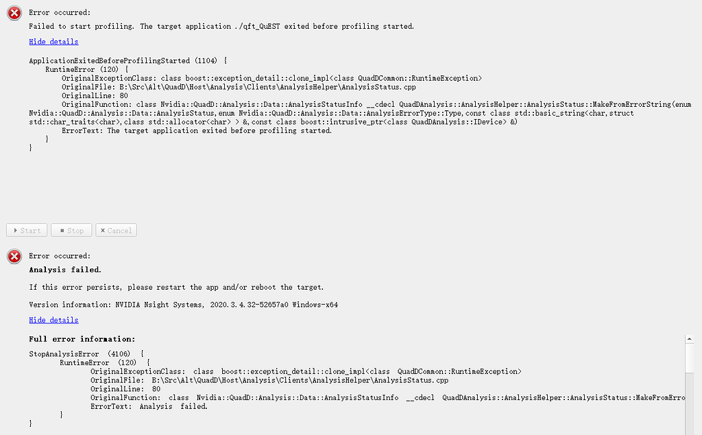 Failed to start profiling. The target application (a c program )exited before profiling started ...