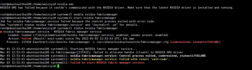 Unable to start fabricmanager on Ubuntu 20.04 LTS server with A100 - Linux - NVIDIA Developer Forums