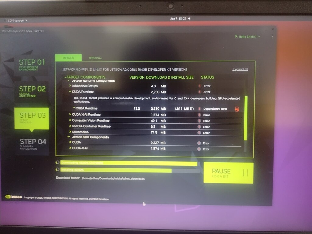 Installing supporting SDKs on Jetson AGX Orin Developer kit (64 GB) for Jetpack 6.0 ga release ...