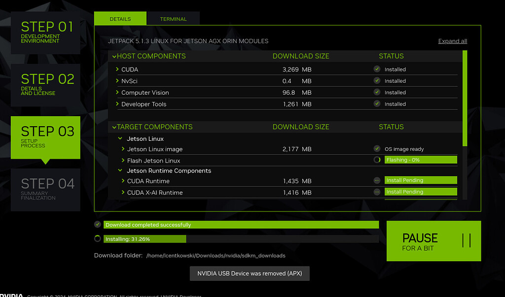 The target is in a bad state. "NVIDIA USB Device was removed (APX ...