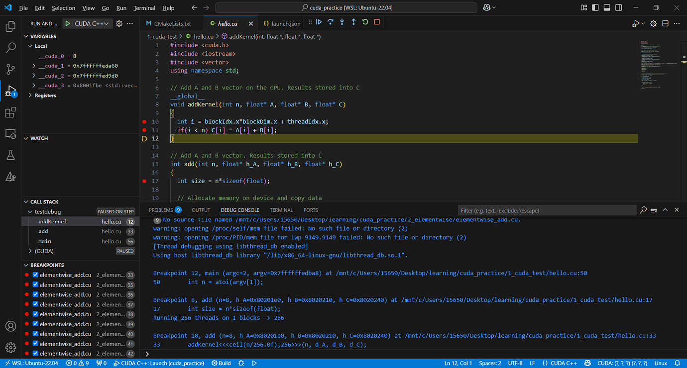 Cannot step into CUDA kernel while debugging with VSCode on WSL2 Ubuntu ... Cannot step into CUDA kernel while debugging with VSCode on WSL2 Ubuntu ...