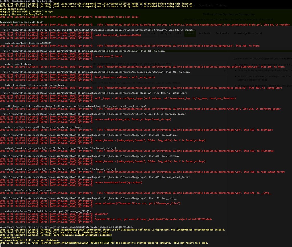 Errors when running Cartpole RL example in Isaac Sim 2023.1.0-hotfix - Isaac Sim - NVIDIA ...
