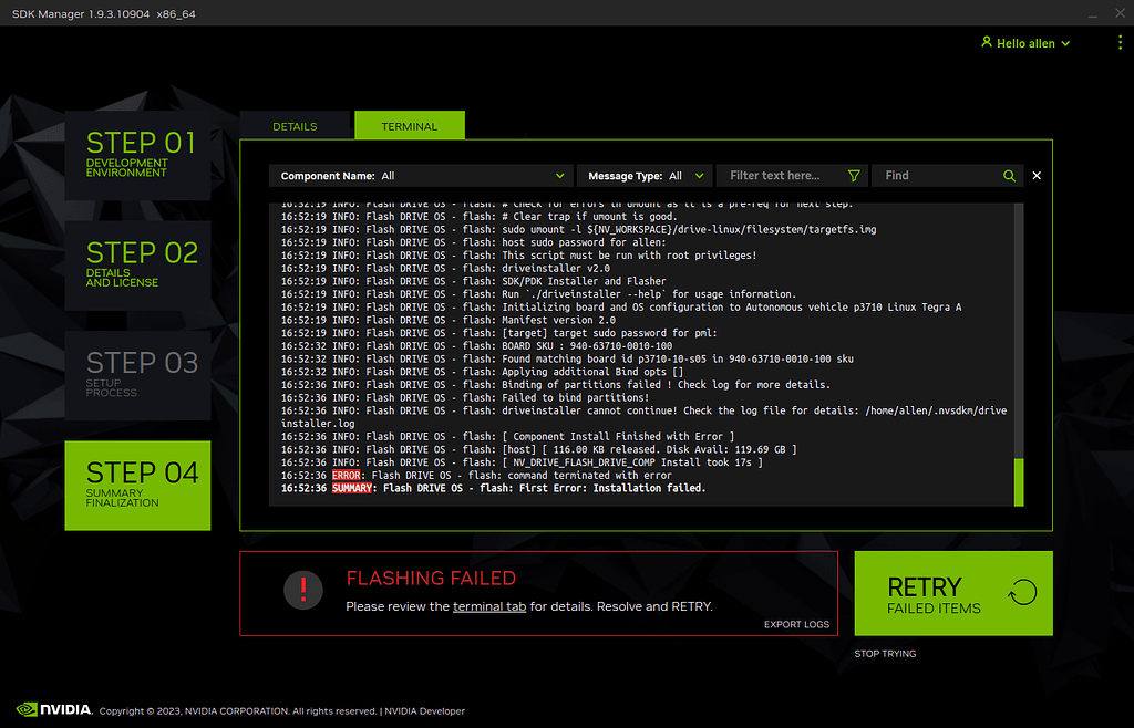 Sdkmanager Drive Orin Flash OS 6.0.6 fails - DRIVE AGX Orin General - NVIDIA Developer Forums