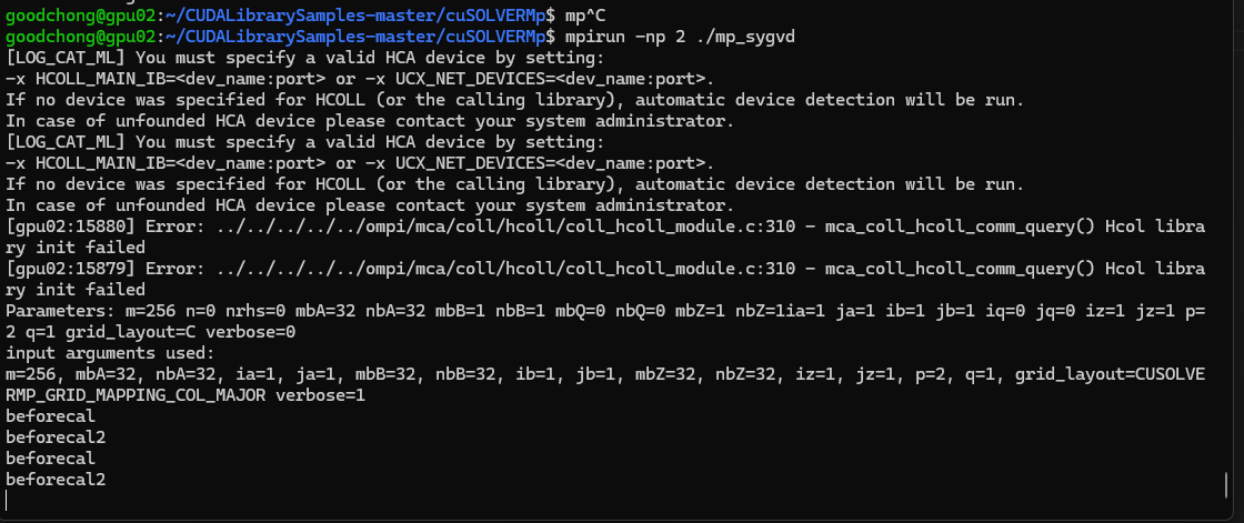 Hang at the cal_comm_create function while running an example with cusolverMp - GPU-Accelerated ...