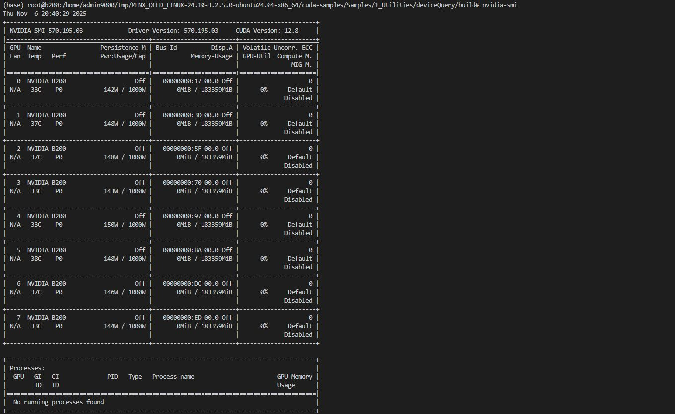 B200 HGX server shows CUDA initialization failure with error Error 3: initialization failed ...