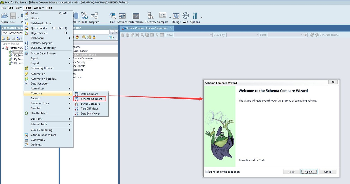 How can I use Toad to compare 2 different databases on different ...