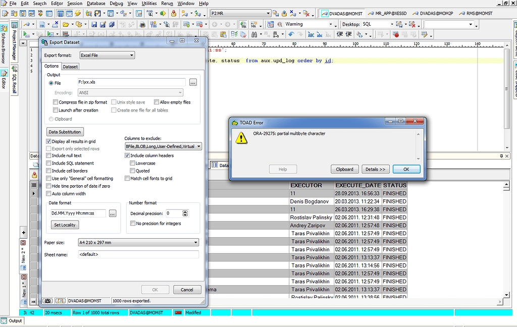 ORA-29275 exporting to Excel file - Toad for Oracle - Beta - Toad World® Forums
