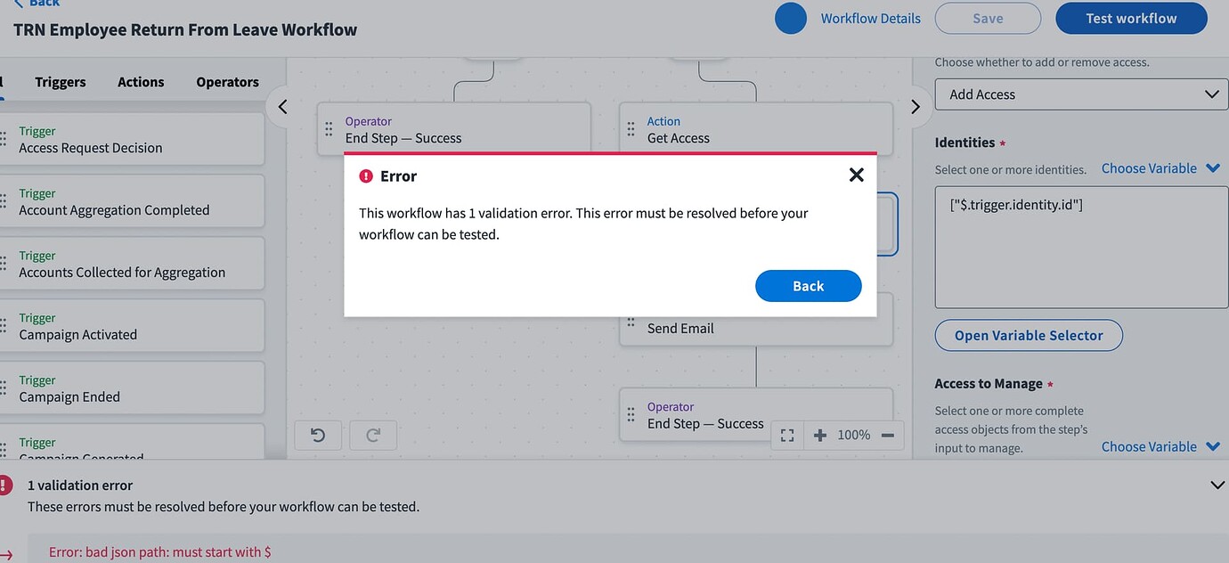 Saas Workflows Error - json: cannot unmarshal string into Go struct ...