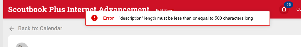 Can't add more than 500 characters to description field - New Calendar Bugs - Scouting Forums