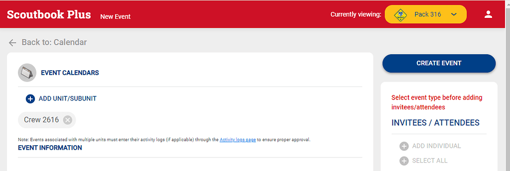Not all unit/subunit options are available - New Calendar Bugs - Scouting Forums