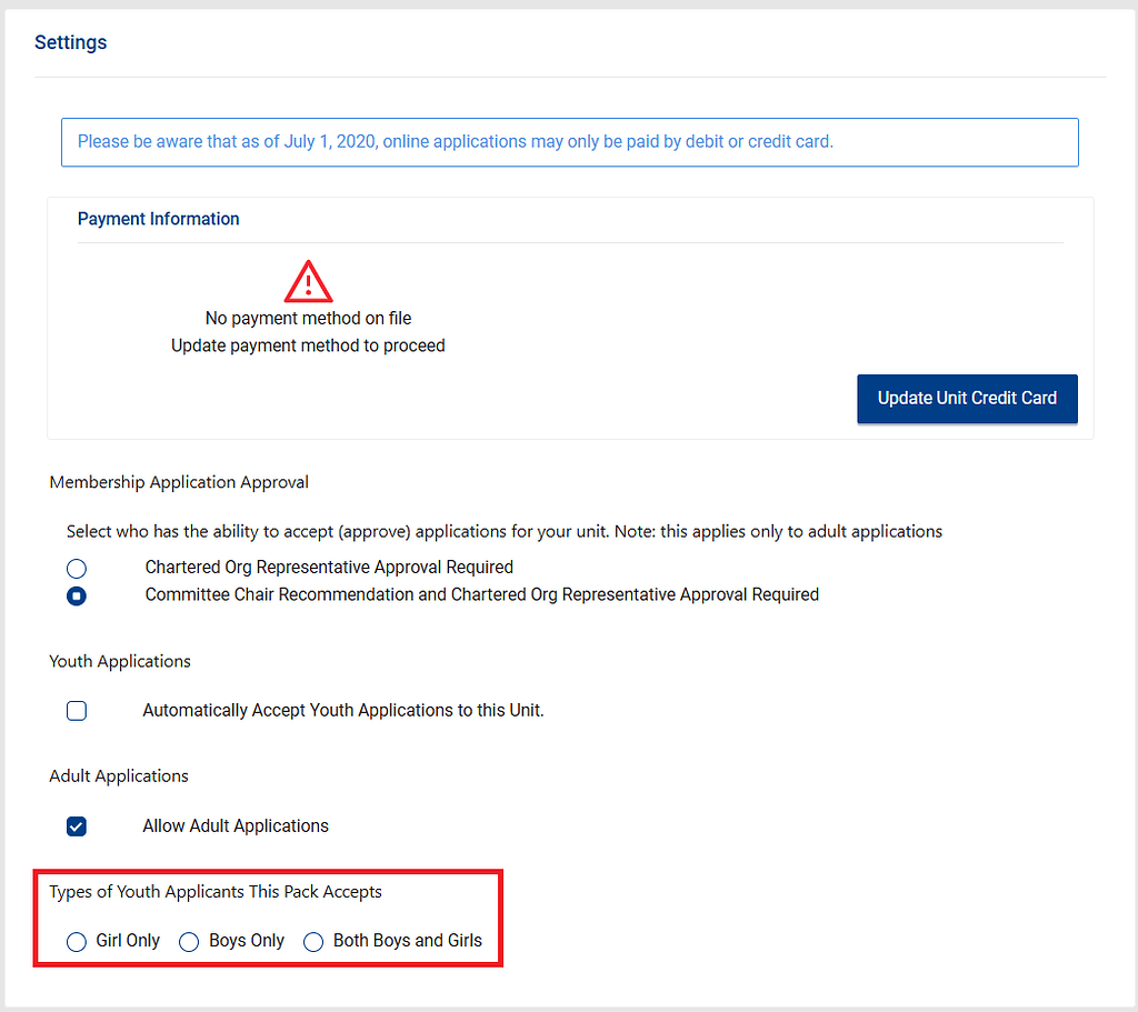 Organization Manager - Settings & Unit Pin - Types of Youth Applicants ...