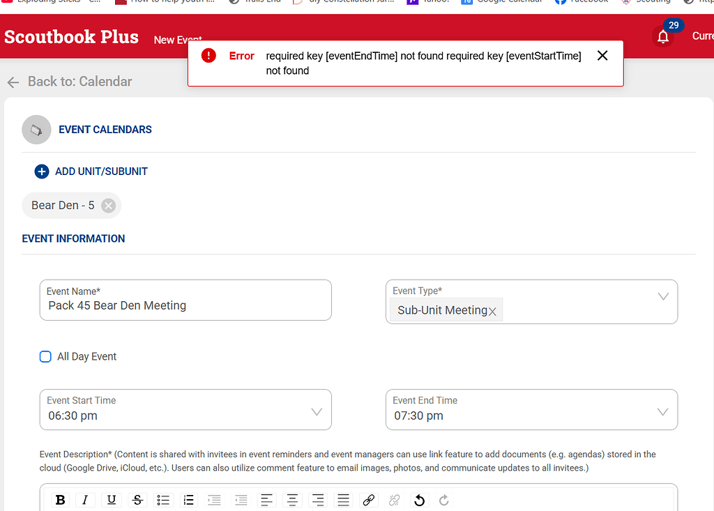 Error when attempting to create reoccurring event in the calendar - Using Scoutbook & Scoutbook ...